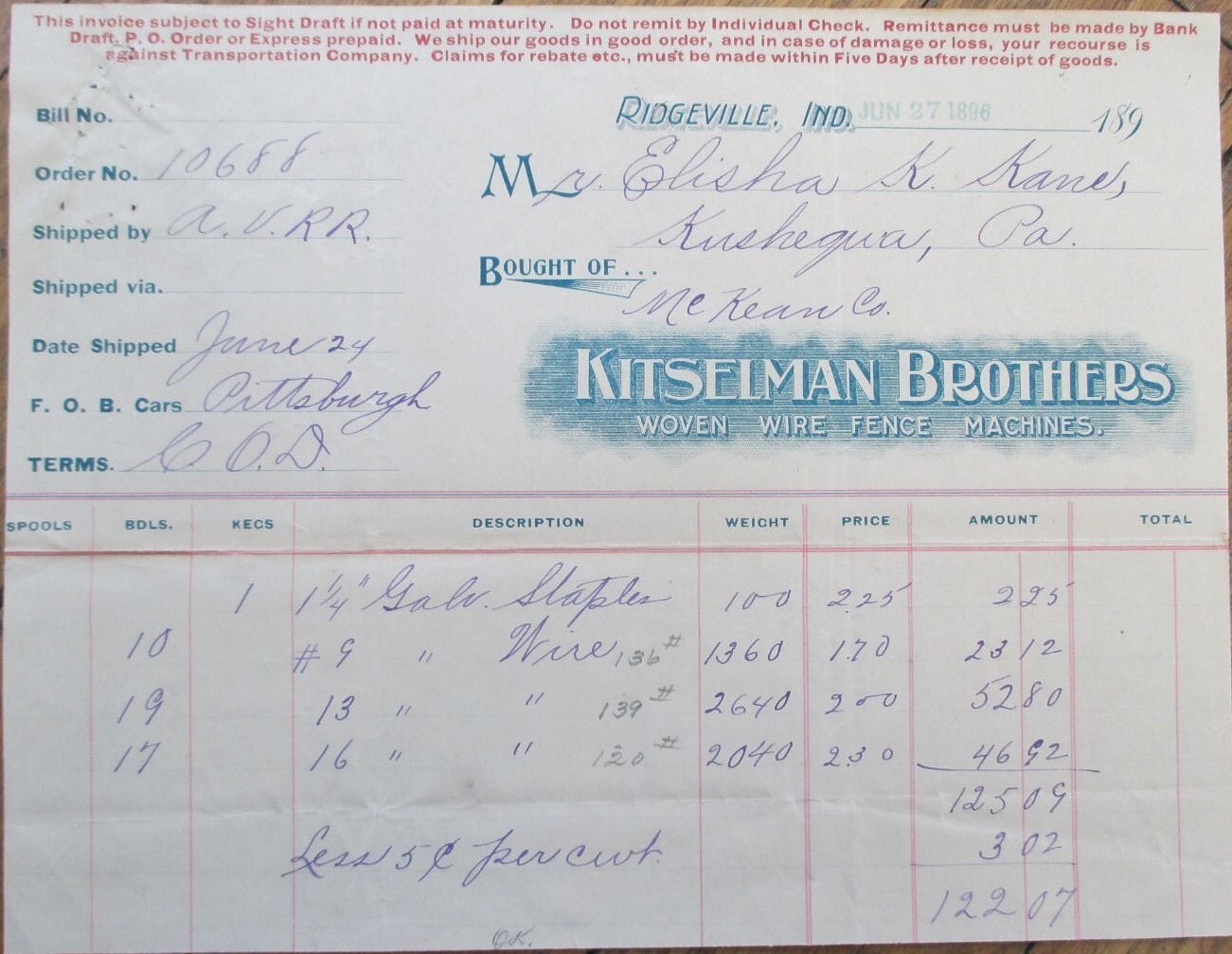 Ridgeville, IN 1896 Letterhead, Woven Wire Fence Machines, Kitselman ...