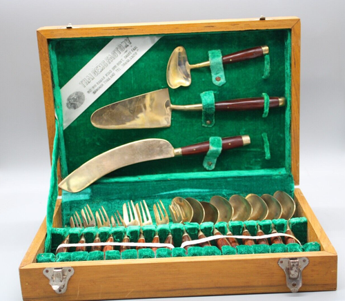 Vintage Thai Gems Factory 19 PC Brass Teak Handle Serving Flatware w ...