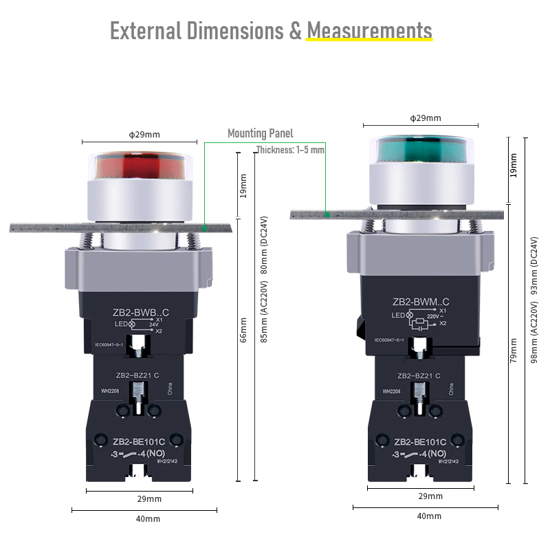 22mm Illuminated Push Button Switch 1NO IP65 Latching/Momentary Start ...