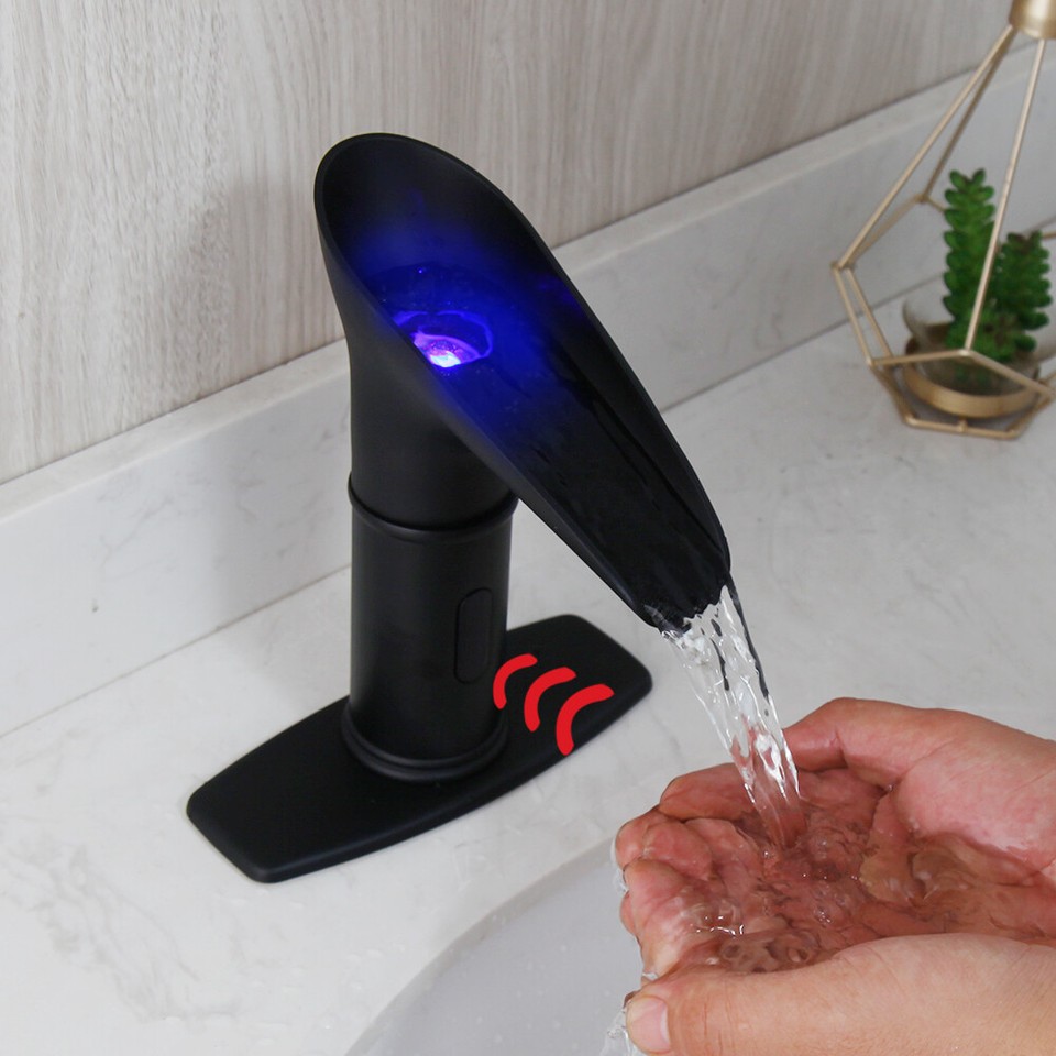 Touchless Black Bathroom LED Basin Sensor Mixer Faucet Waterfall Brass ...