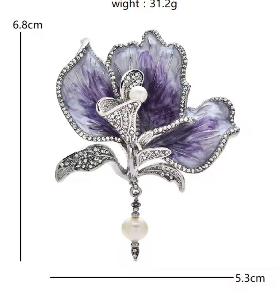 Luxury Purple Enamel Iris Brooch - Crystal Rhinestone & Pearl Floral ...