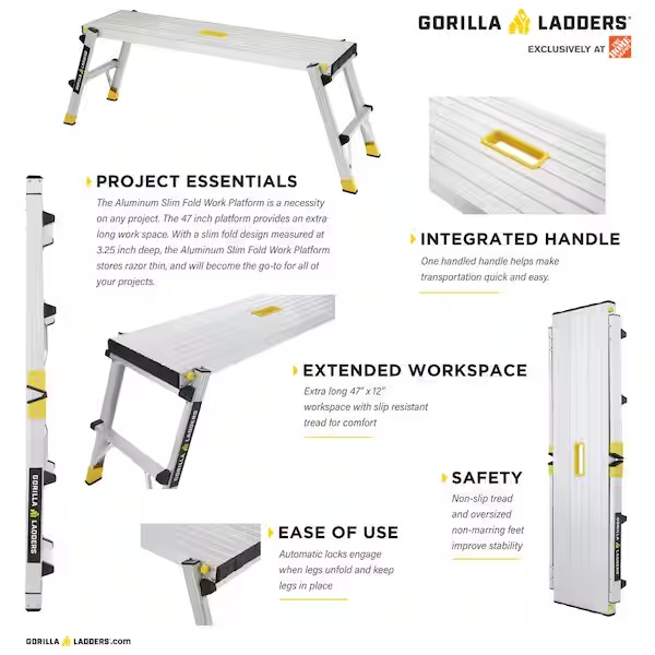 Gorilla Ladders Work Platform Aluminum Slim-Fold Heavy-Duty Adjustable ...