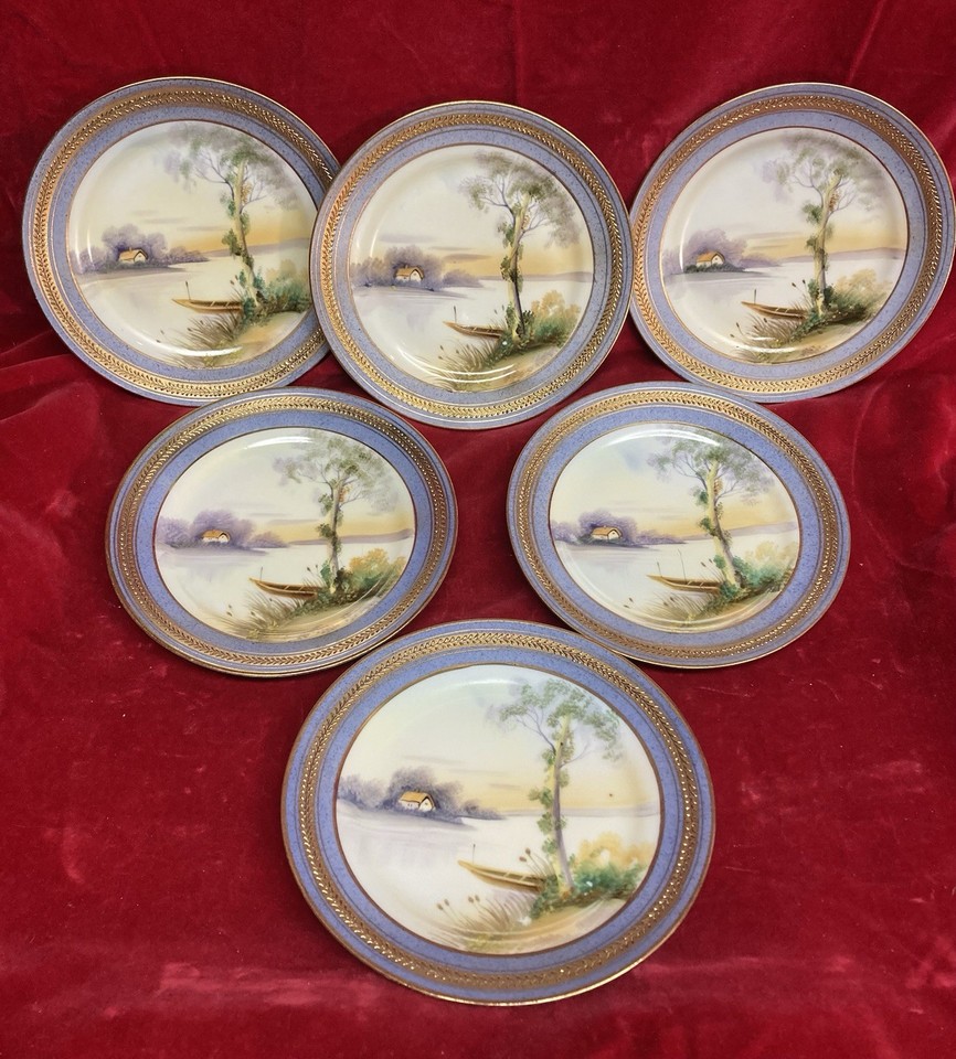 Antique Nippon Plates Hand Painted Scenic 6.5” Blue Gold Gilt Set of 6 ...