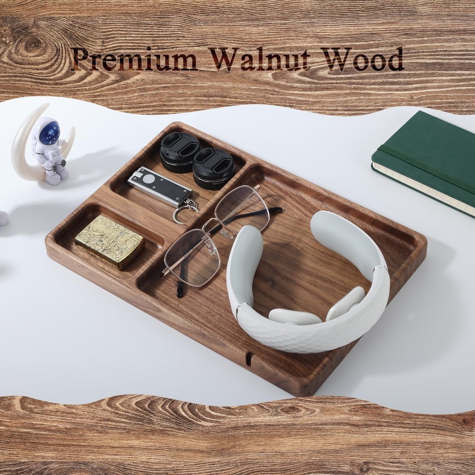Walnut Wooden Valet Tray – Bedside Table Organizer for Men Dad EDC ...