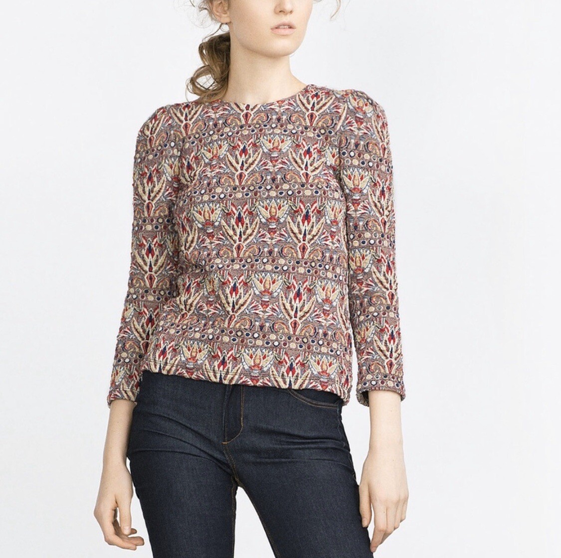 Zara Shiny Jacquard Metallic Keyhole Back Sweater Top - Gem