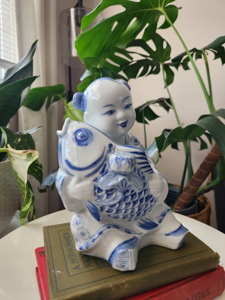 Vintage Chinese Hand Painted Blue And White Porcelain Boy With Koy ...