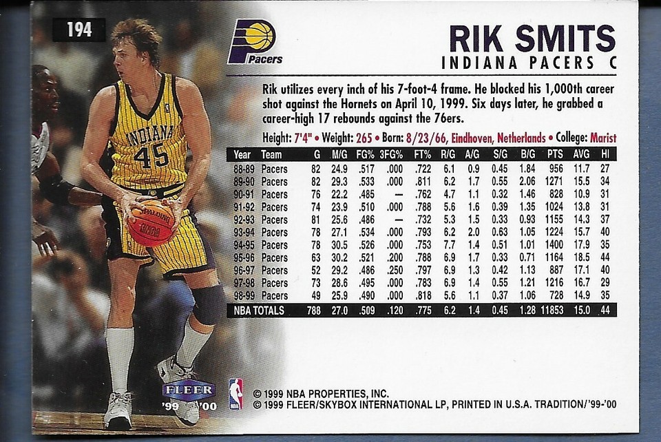 1999-00 Fleer Indiana Pacers Basketball Card #194 Rik Smits NM | eBay
