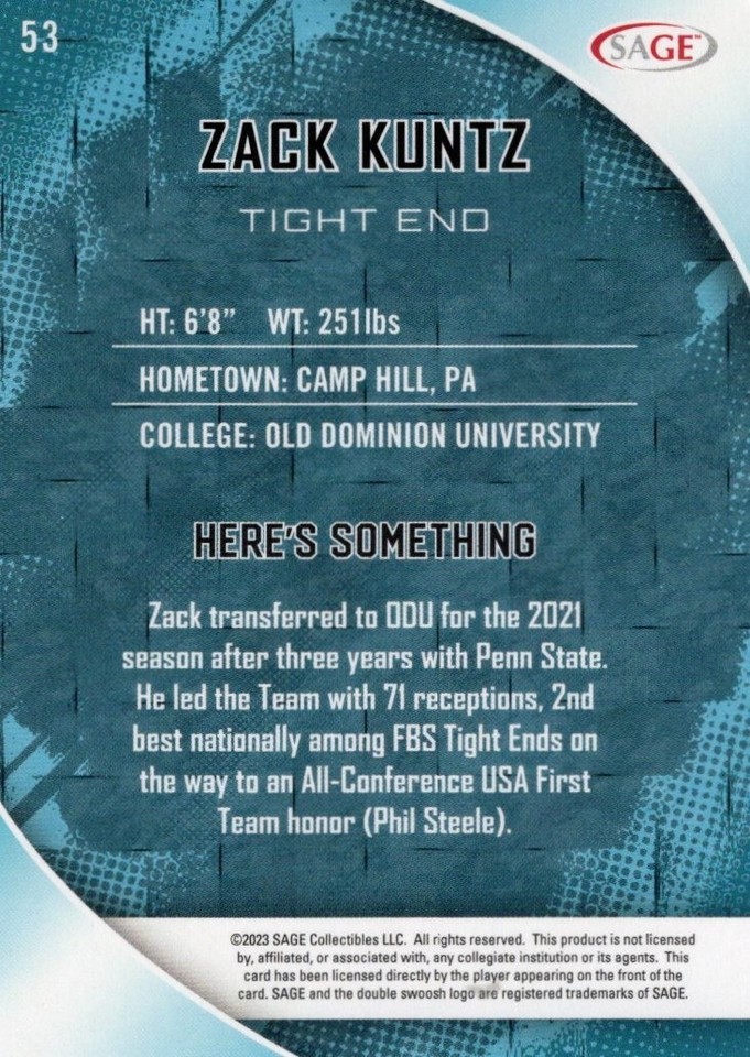 ZACK KUNTZ 2023 SAGE GOLD PARALLEL CARD 53 OLD DOMINION NEW YORK JETS ...