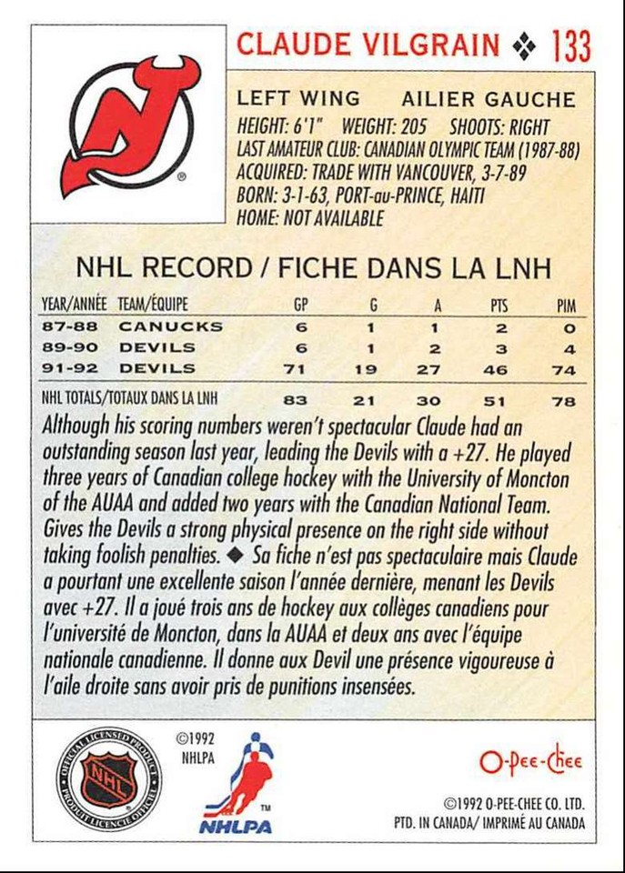 1992-93 O-Pee-Chee Claude Vilgrain New Jersey Devils #133 | eBay