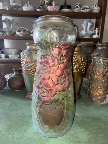 GOOFUS GLASS VASE-BIG AND HEAVY-15"H X 6"BASE-DOGWOOD-ANTIQUE | eBay