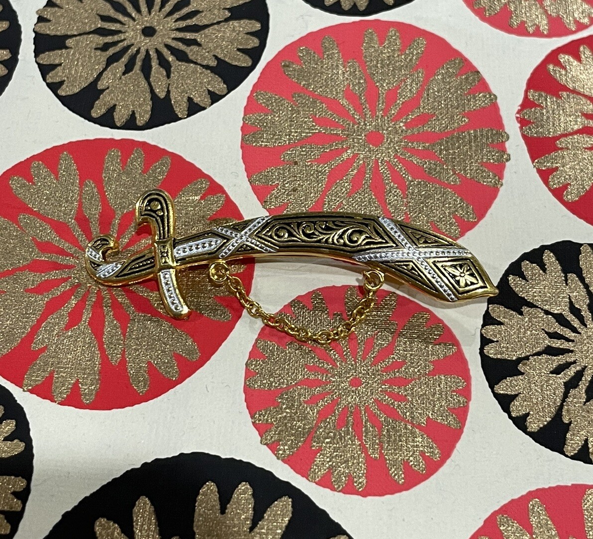 Vintage Damascene Sword Brooch - Gem