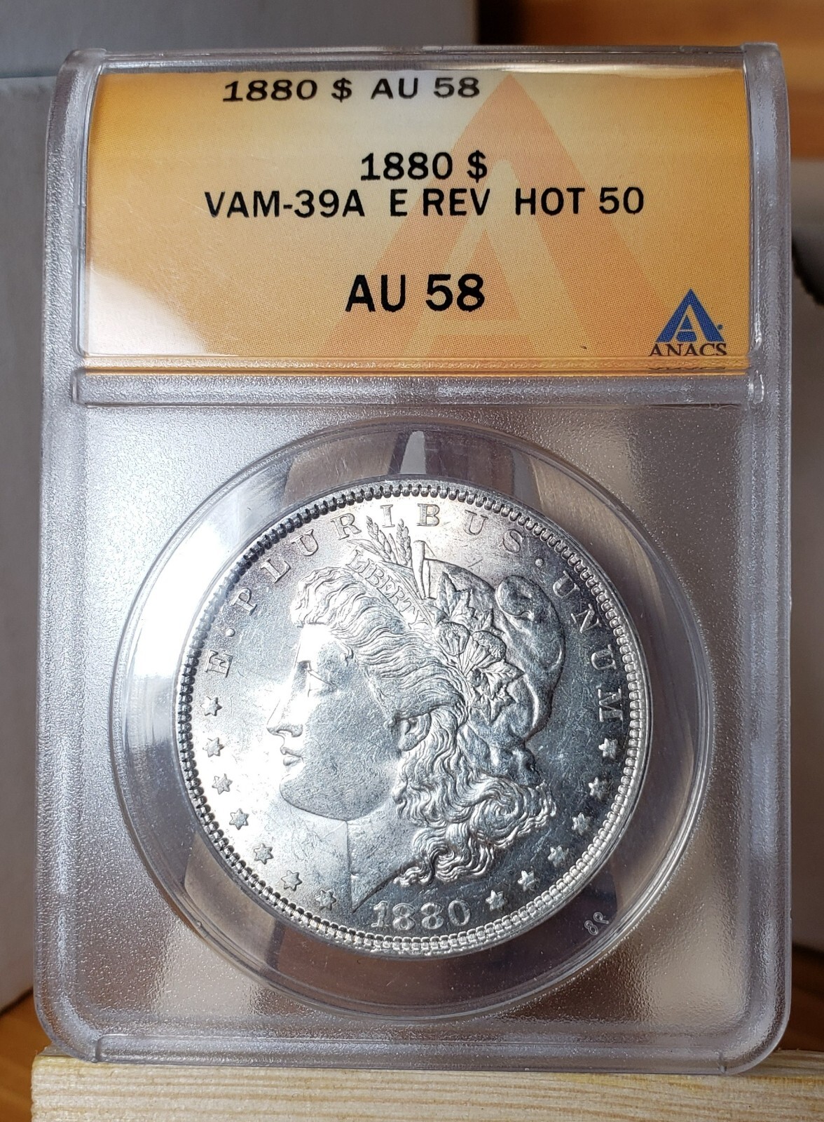 1880-P MORGAN DOLLAR -ANACS AU 58!-VAM 39A 'E' REVERSE!!- HOT 50 SET ...