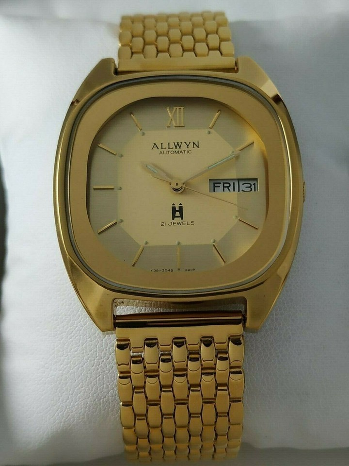 NOS Allwyn Automatic vintage Men's Watch*new old stock*Gold Plated*day ...