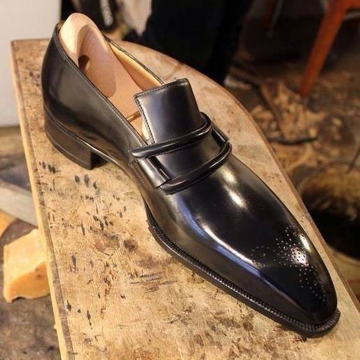 Handmade Pure Black Leather Custom made Loafer Shoes, Moccasin Slip Men ...