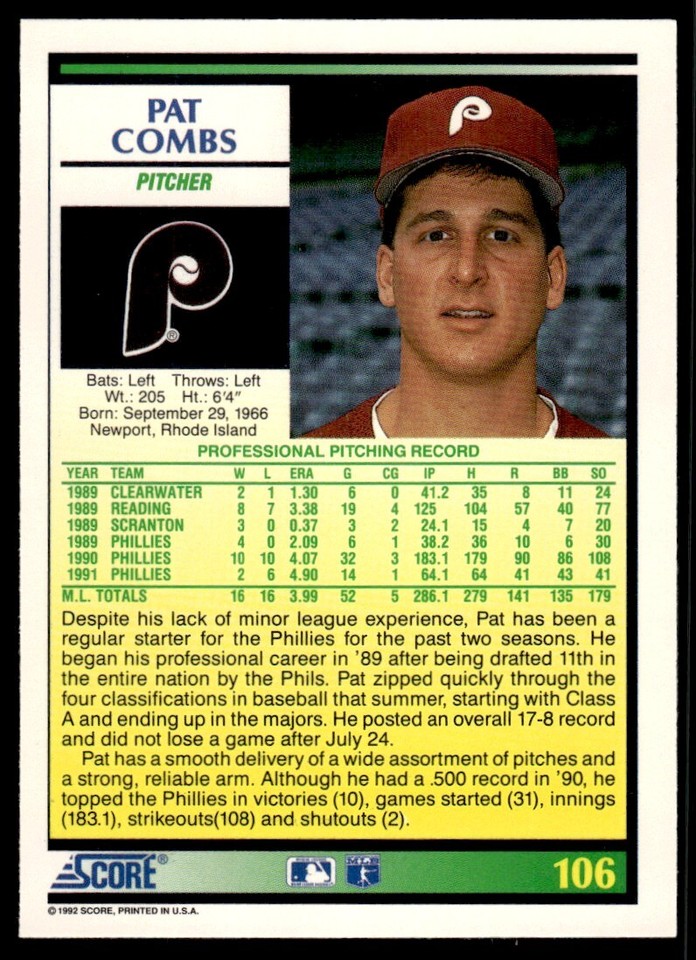 1992 Score Baseball Card Pat Combs Philadelphia Phillies #106 | eBay