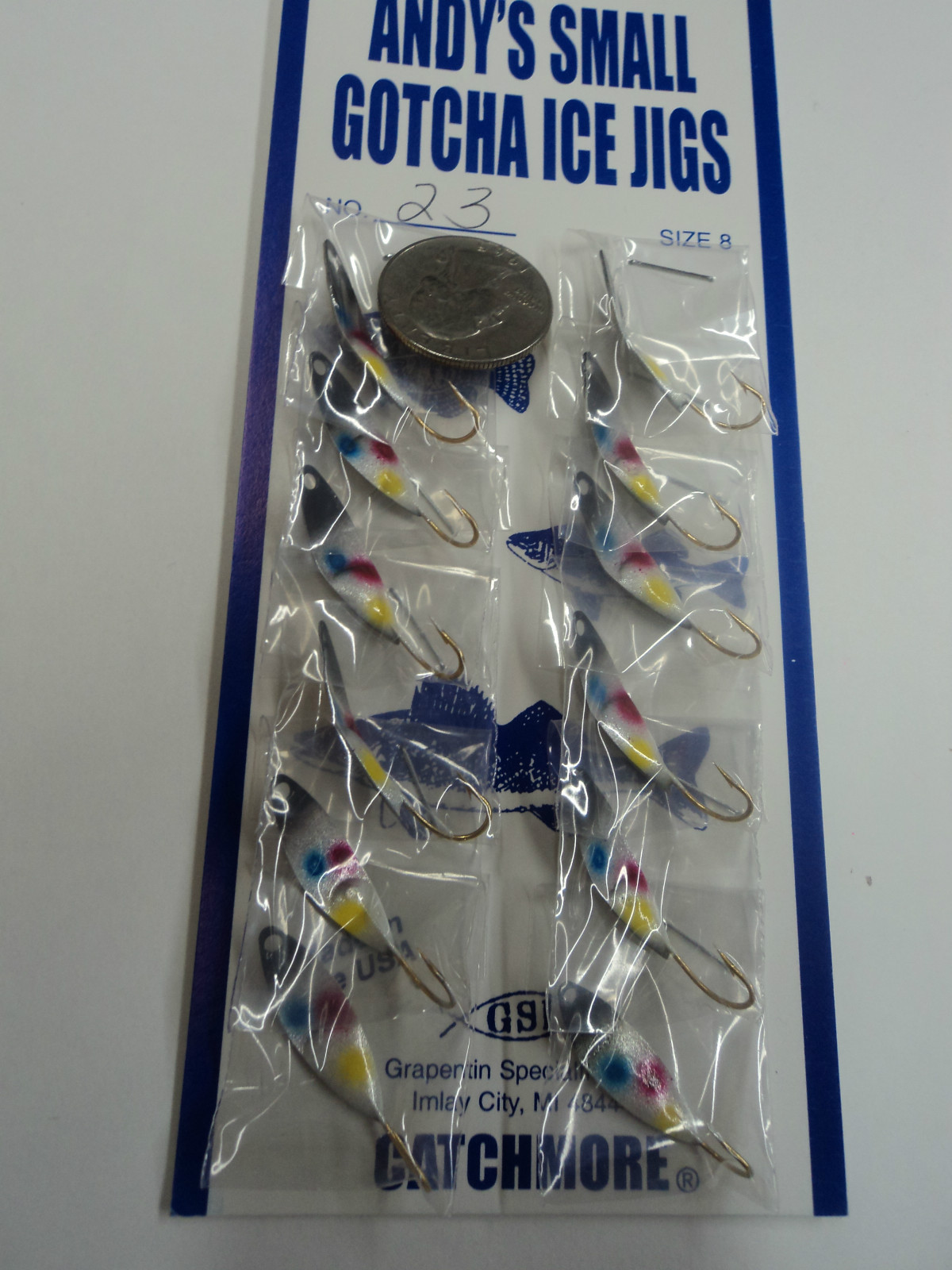 Andy's Small Gotcha Ice Jig, TWELVE, Sz 8 Hk, #2 Willow, Black Wonder # ...