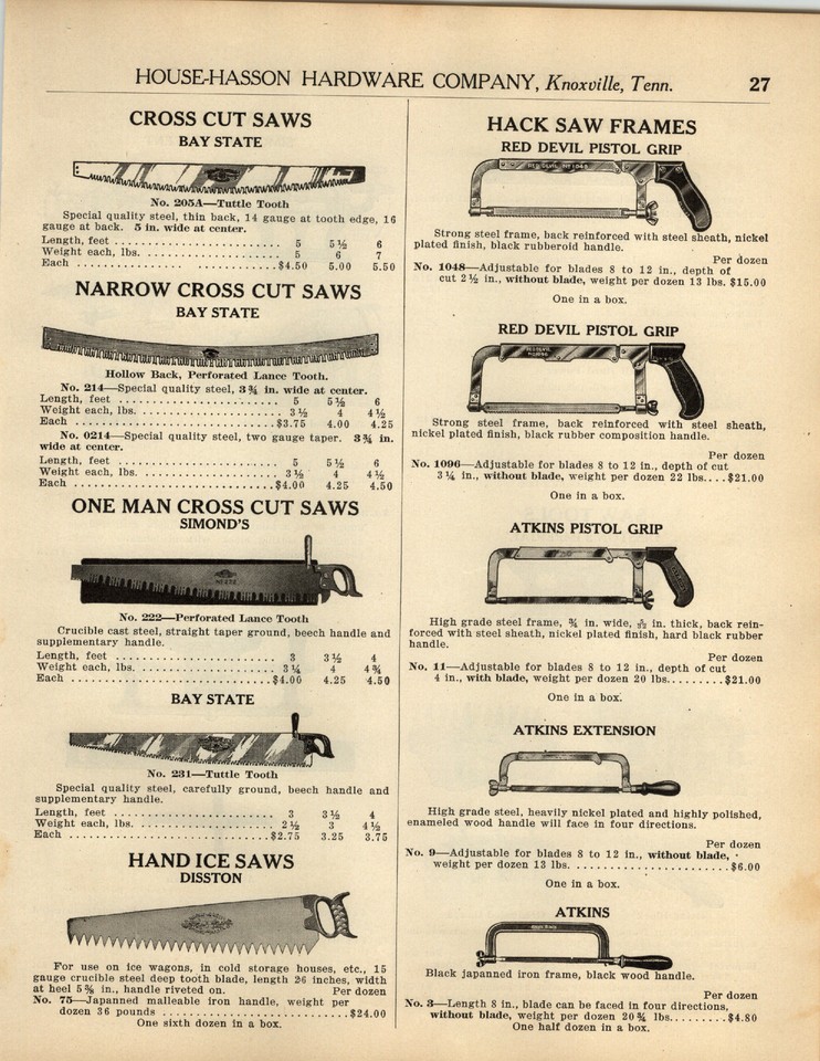 1924 PAPER AD 2 PG Atkins Disston Simonds 2 Two 1 One Man Cross Cut Saw ...