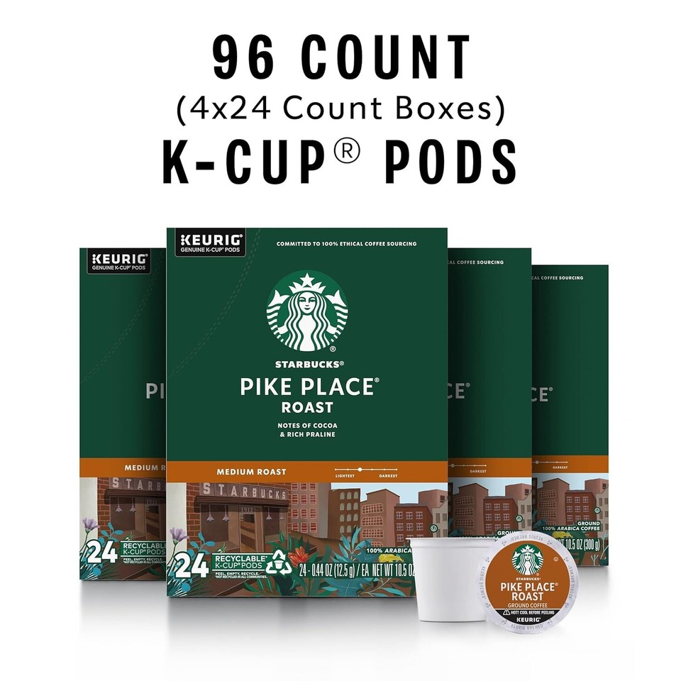 Starbucks Pike Place K-Cups, Medium Roast 96 Pods 4 Boxes One Day Free ...