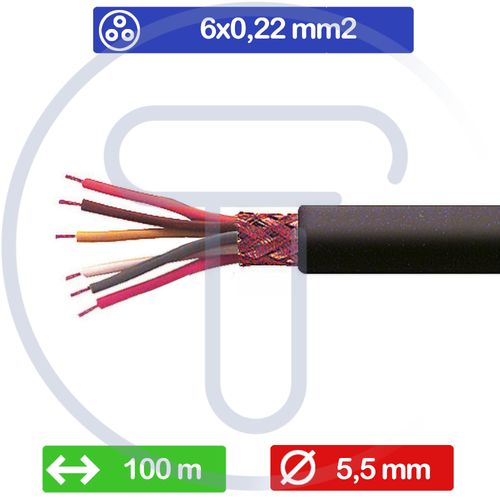 Hank 100mt câble blindé 6x0.22 mm2, diamètre 5.5mm, cuivre rouge, gaine ...