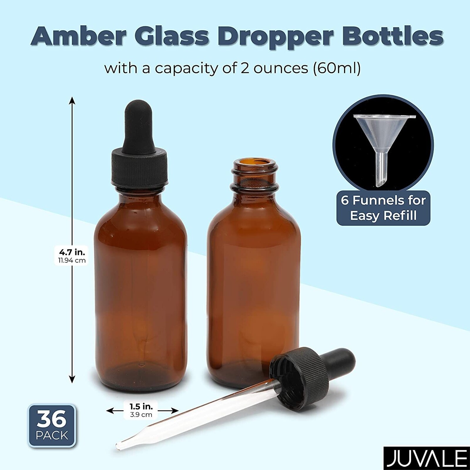 30 Pack 2 Oz Amber Glass Eye Dropper Bottles and 6 Funnels for ...