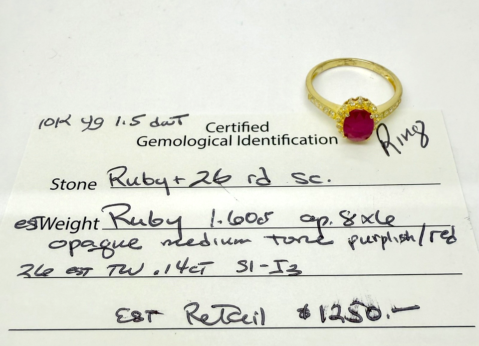 1.60 Carat Natural Ruby & Diamond Ring 10K Yellow Gold w/Card Appraisal ...
