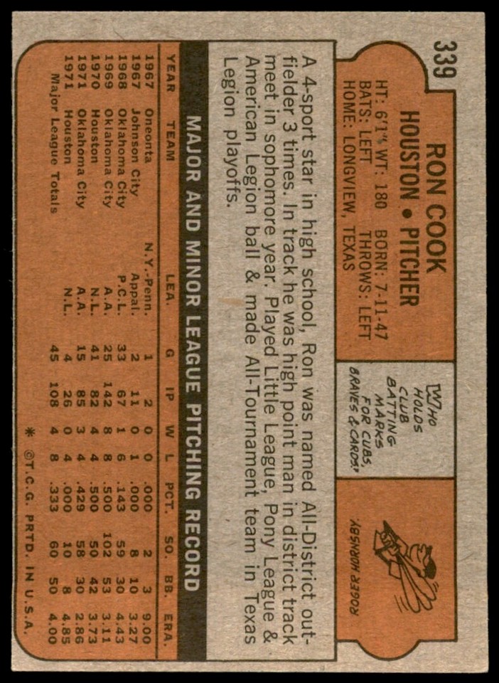 1972 TOPPS RON COOK 339 EX BASEBALL HOUSTON ASTROS | eBay
