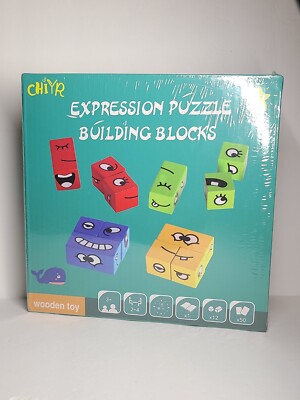 CHIYR Wooden Expressions Matching Block Puzzles Building Cubes Toy ...