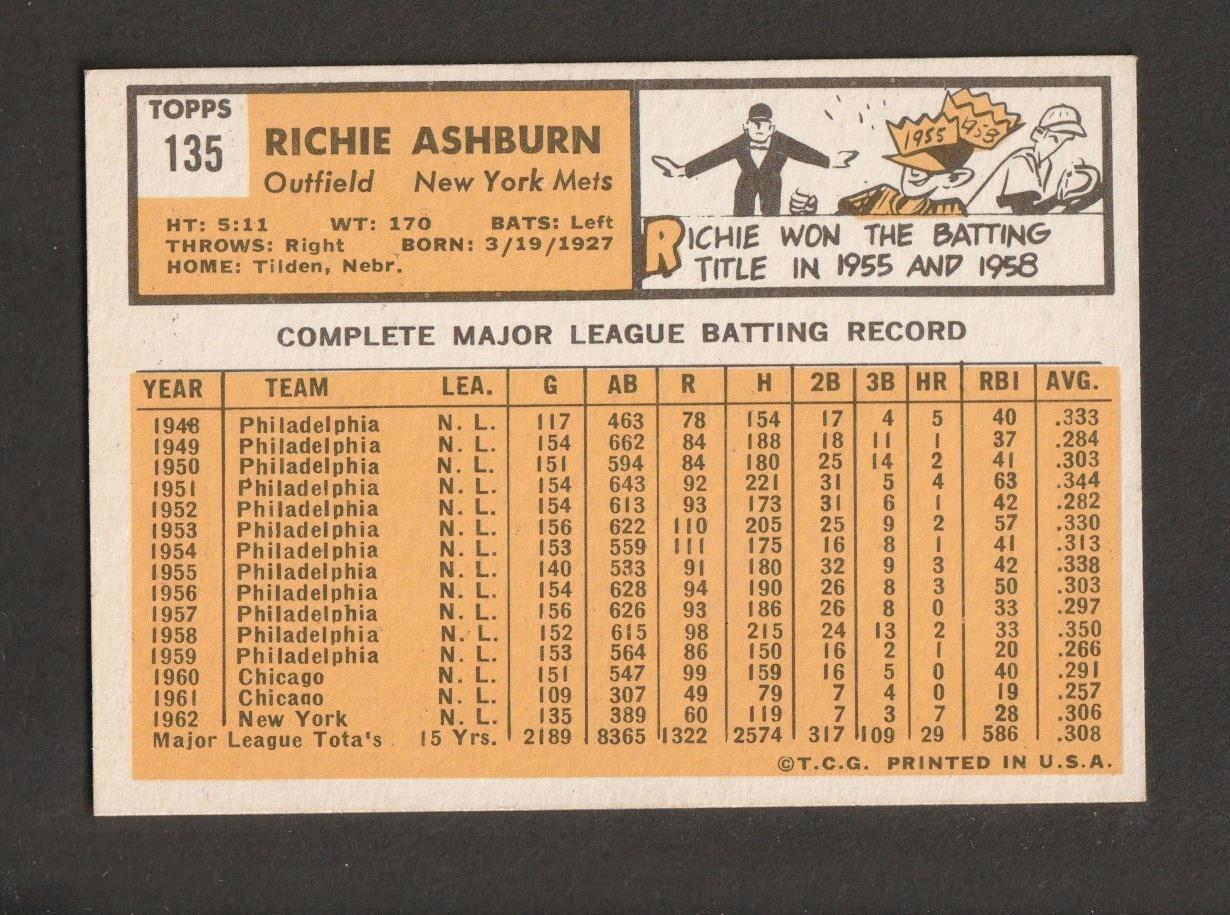 1963 TOPPS RICHIE ASHBURN HOF #135 - NEW YORK METS - NM (1389) | eBay