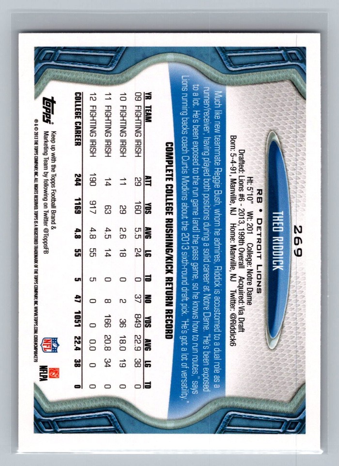 Theo Riddick 2013 Topps #269 Detroit Lions RC Rookie 1P | eBay