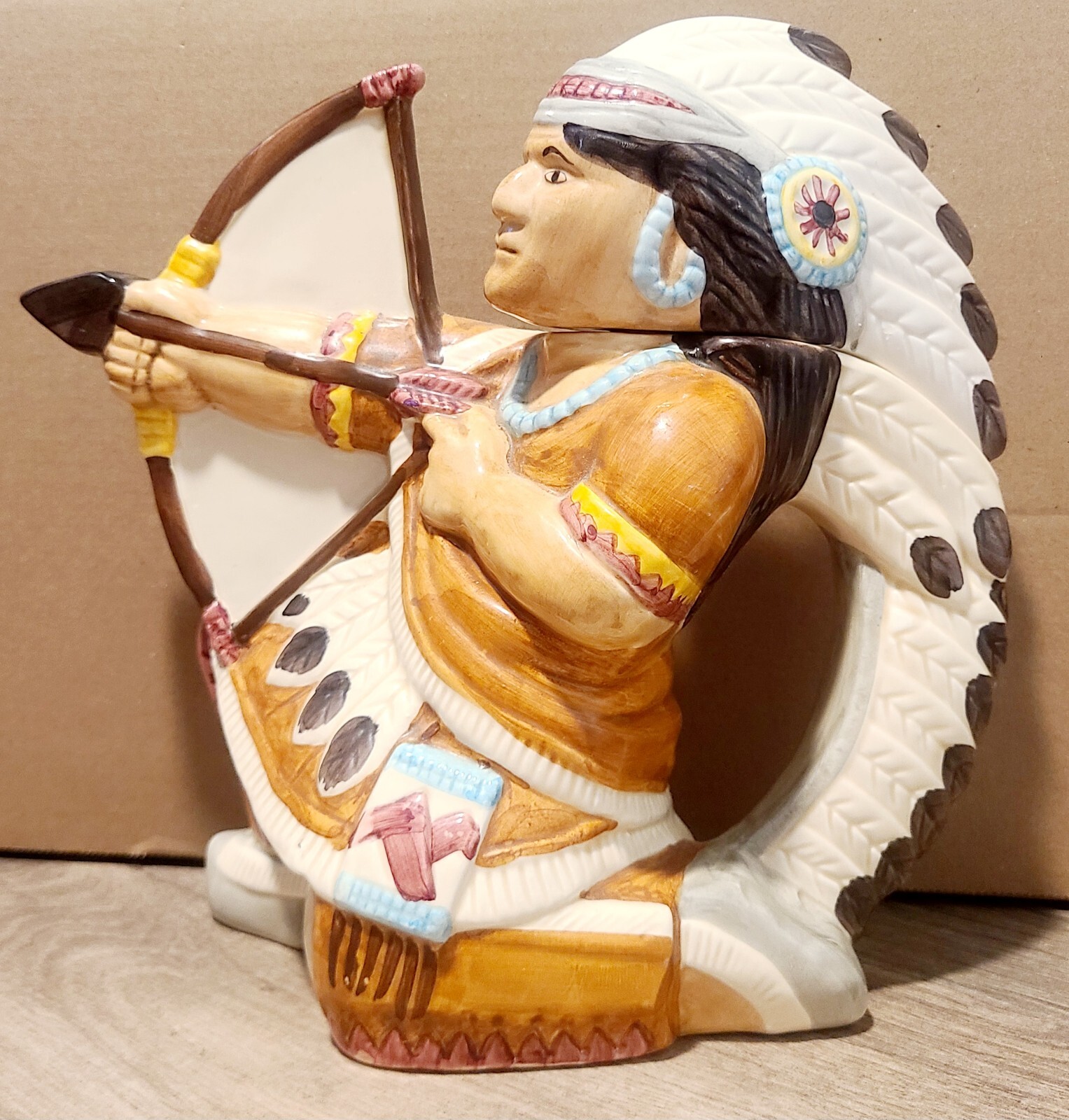 1993 Omnibus Indian Warrior Chief Headdress Bow & Arrow Ceramic Teapot 9.5"x9.5" | eBay