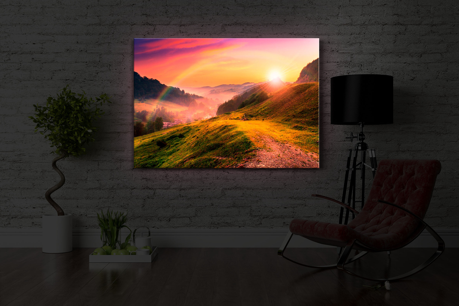 Beleuchtetes Bild LED Leuchtbild - Berglandschaft bei Sonnenuntergang ...