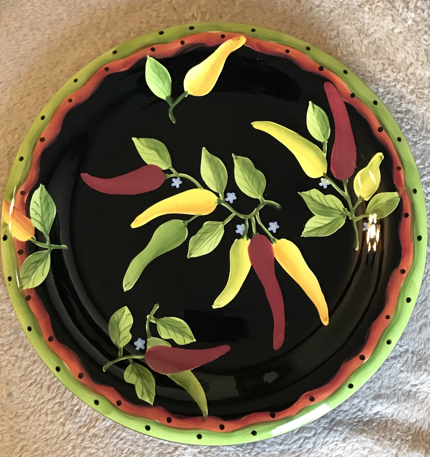 LAURIE GATES WARE PEPPERS/DOTS BLACK, GREEN/ORANGE TRIM: 2 DINNER ...
