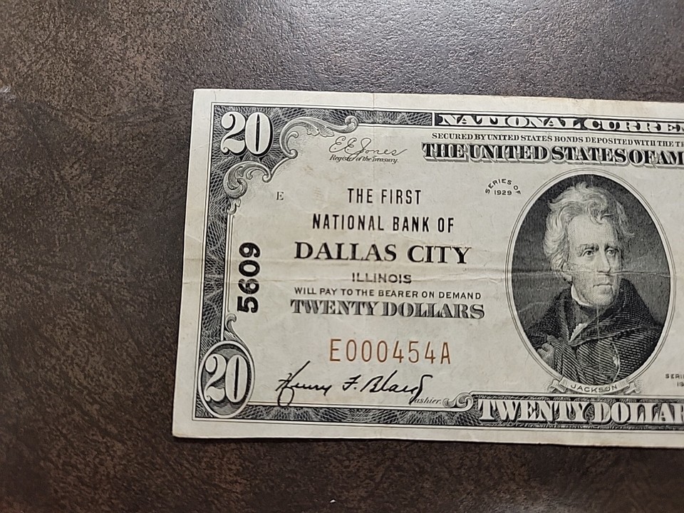 1929 The First National Bank of Dallas City, IL $20 Twenty Dollars Bill ...