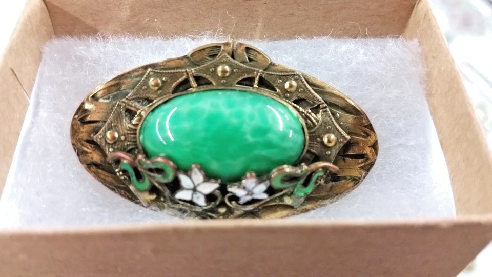 CHINESE INFLUENCE ART NOUVEAU DECO CZECH ENAMEL FLOWER PEKING BROOCH ...