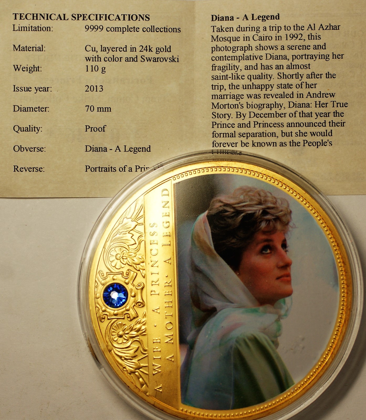 Portraits of Princess Diana Cairo Commem Large Proof Medal Non-precious ...