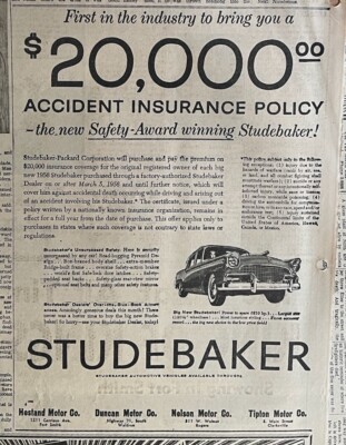 1956 newspaper ad for Studebaker - $20,000 accident insurance Safety ...