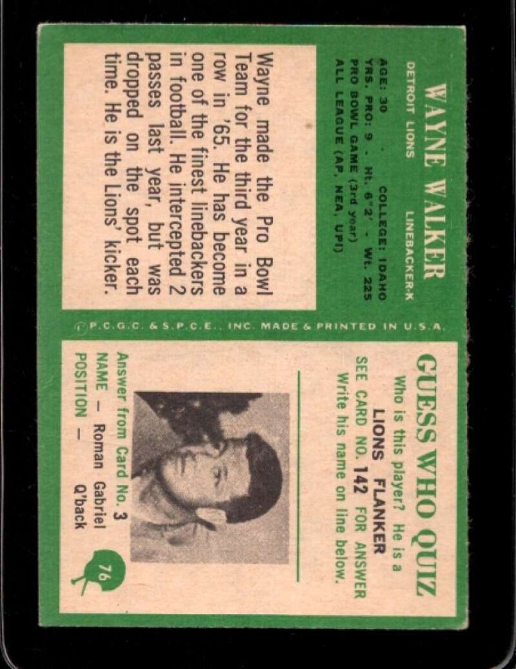 1966 PHILADELPHIA #76 WAYNE WALKER VGEX LIONS *X33534 | eBay