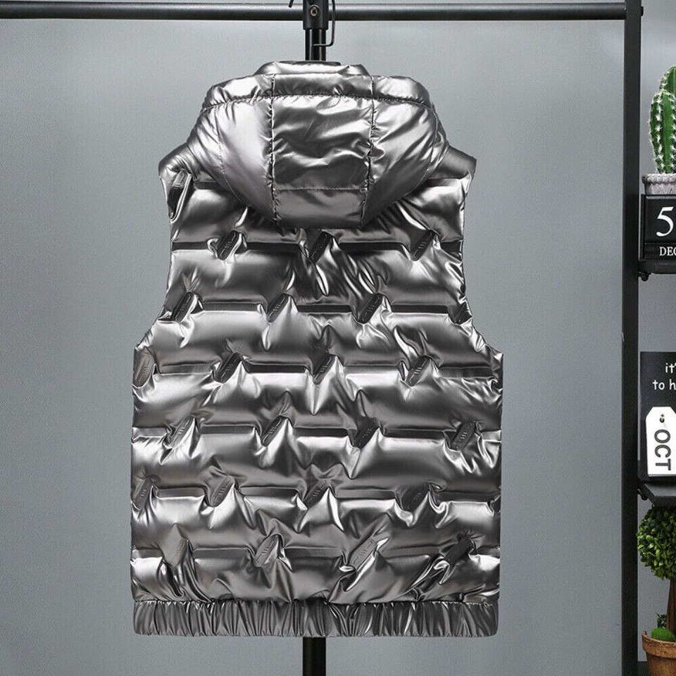 Men Shiny Padded Waistcoat Puffer Hooded Tank Tops Gilet Sleeveless ...