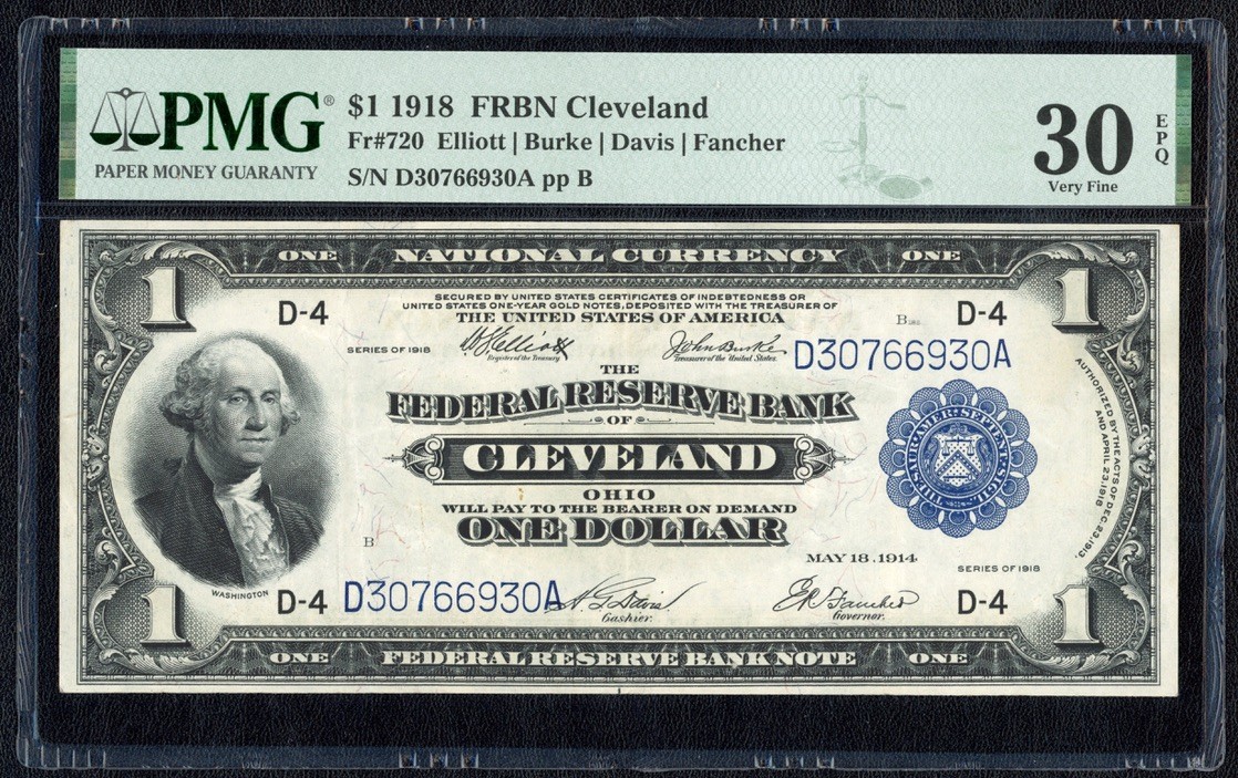 1918 $1 Green Eagle Cleveland Federal Reserve Bank Note Fr#720 PMG VF ...