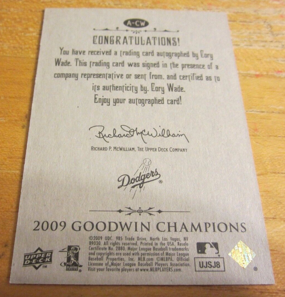 Cory Wade 2009 Upper Deck Goodwin Champions Autographs #CW Card MLB ...