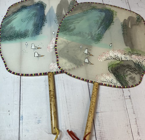 Vintage Silk Japanese Hand Painted Paddle Fans Set of 2 Asian Cherry ...