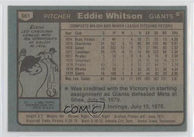 1980 Topps Wrong Back Ed Whitson Terry Crowley (Eddie Whitson) #561 | eBay