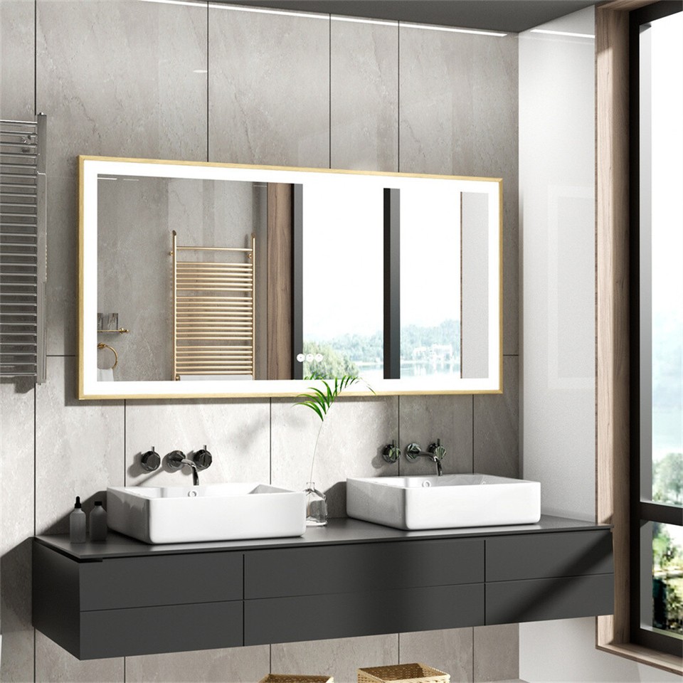 Gold Frame Lighted LED Bathroom Mirror Aluminum Alloy Beveled Edge ...