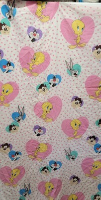 Vtg 1994 Looney Tunes Twin Flat Sheet Only Tweety Bugs Taz Hearts Craft ...
