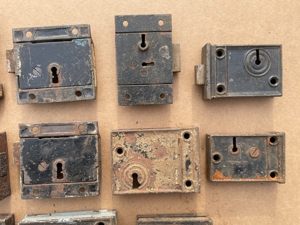 OUTSTANDING Bulk Lot of (14) Antique DOOR RIM LOCKS Mixed Sizes Applied ...