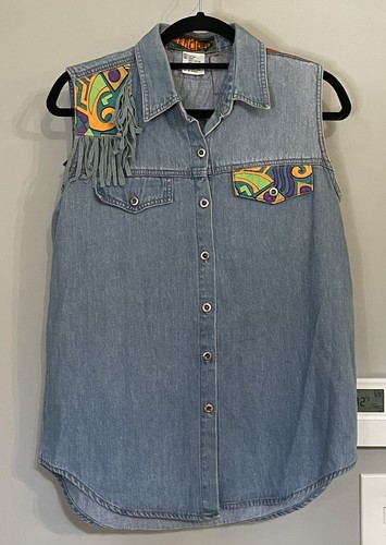 Seruchi Denim Top Sleeveless Button Up Patchwork Fringes Vintage Women ...