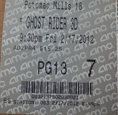 Ghost Rider Movie Ticket Stub 2/17/2012 AMC Theatres | eBay