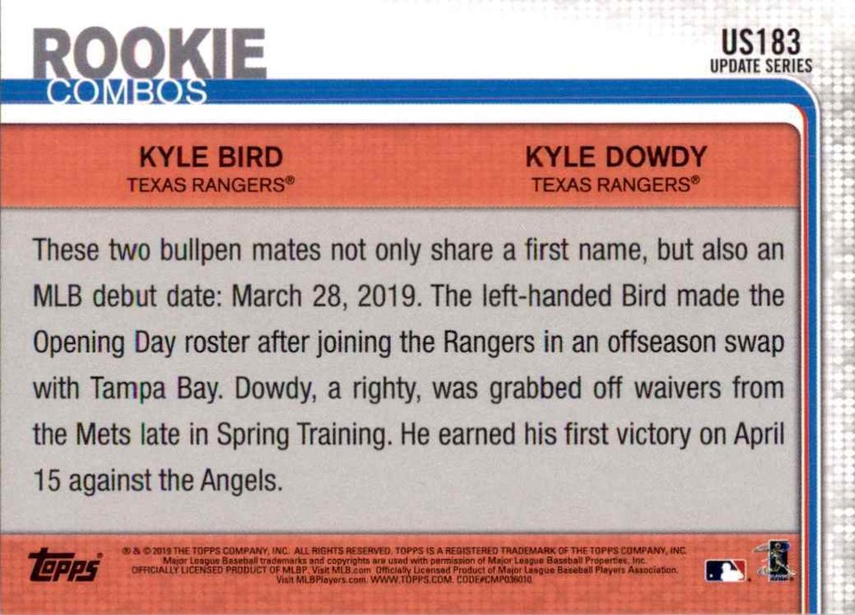 2019 Topps Update Series Kyle Bird Kyle Dowdy Texas Rangers #US183 | eBay