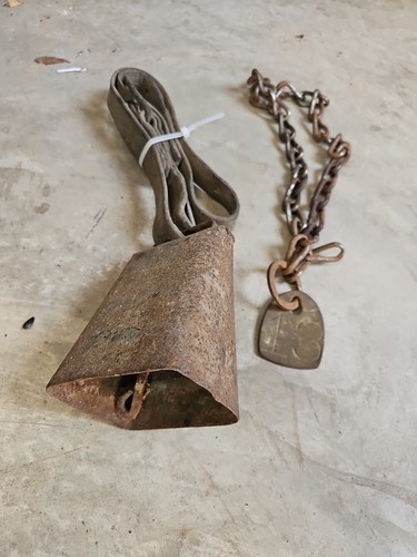 Antique Hand Forged Cowbell And Brass Cow Tag With Original Belt/Chain ...