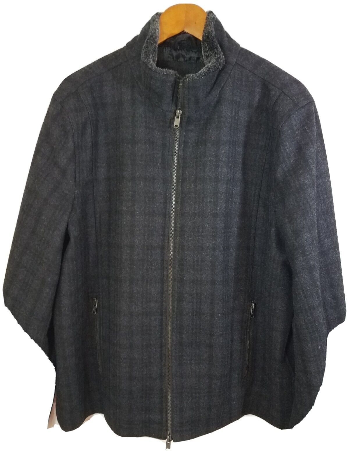 Marc Anthony Men’s Jacket Plaid Zip Faux Fur Collar Wool Blend Gray ...